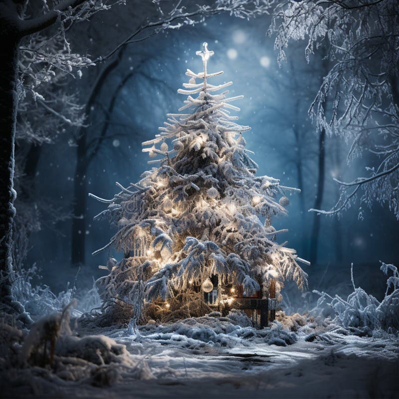 A Tall Tree with Christmas Lights in the Middle of the Woods in the ...