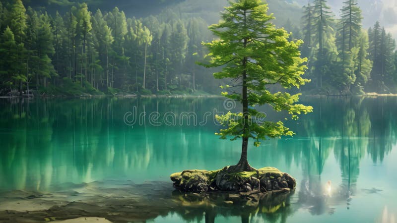 Tall Tree Growing on Large Rock at Edge of Clear Lake, a Lone Tree ...