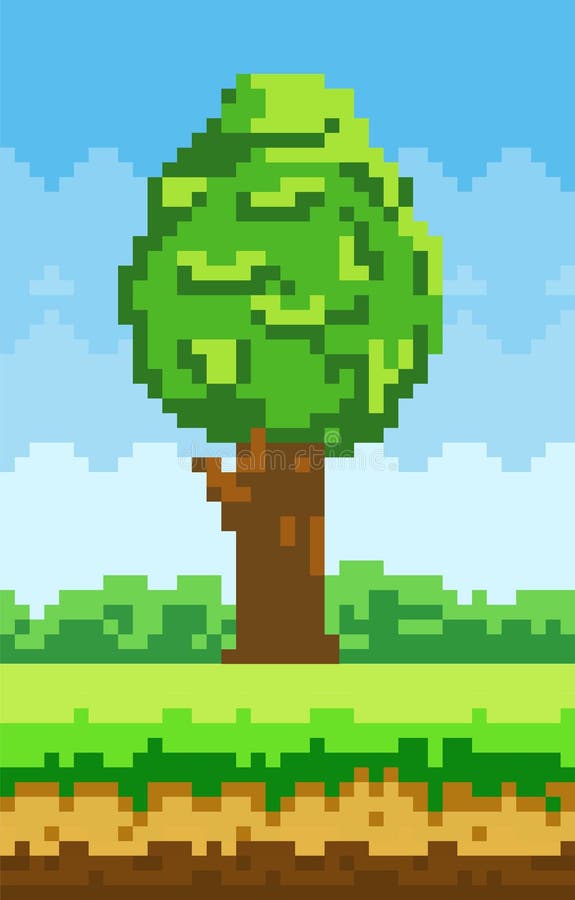Tall Tree Grows in Clearing with Green Grass Pixel Design. Tree and ...