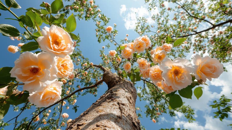 Tall Tree with Lush Branches and Blooming Peach Roses Under Bright Blue ...