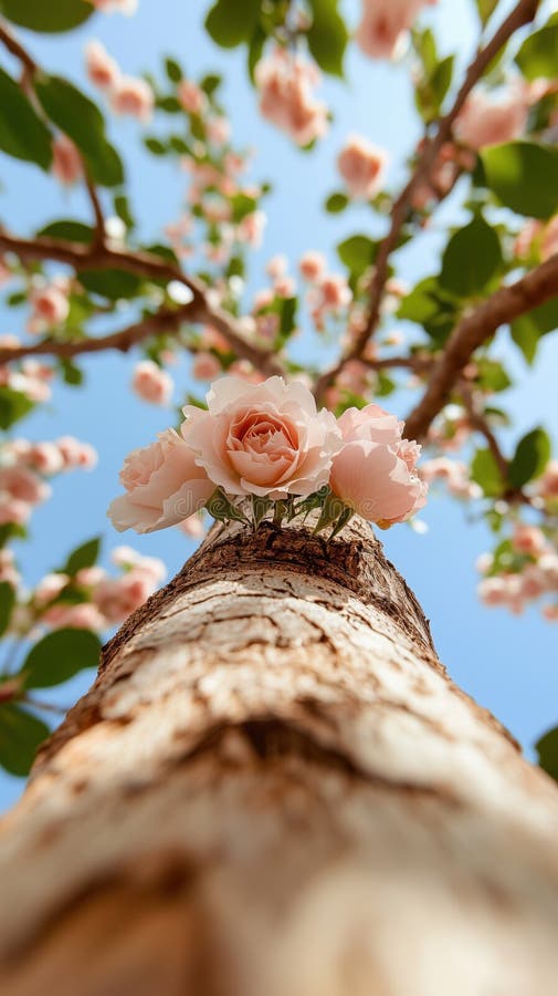 Tall Tree with Lush Branches and Blooming Pink Roses Under Bright Blue ...
