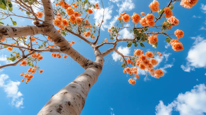 Tall Tree with Orange Flowers and Lush Branches Under Bright Blue Sky ...