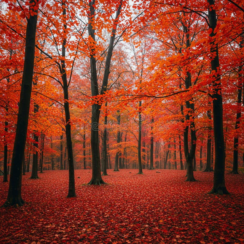 Tall Trees with Dark Trunks Stand in a Dense Forest, Their Branches ...