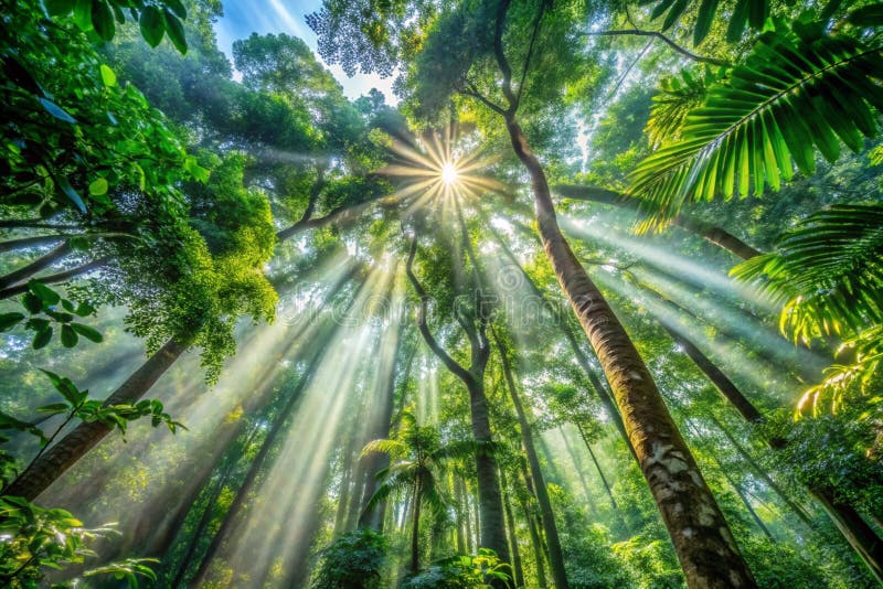 Rainforest Canopy with Sunbeams Stock Illustration - Illustration of ...