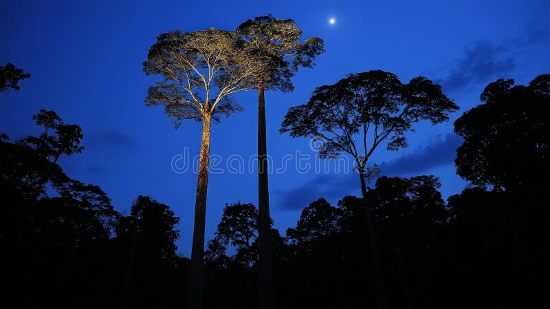 Tall Trees Illuminated by Moonlight in a Rainforest at Night Stock ...