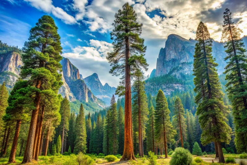 Tall Trees and Mountain View Stock Illustration - Illustration of ...