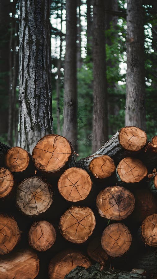 Tall Trees, Cut Logs, Soft Light Create Serene Forest Scene with ...