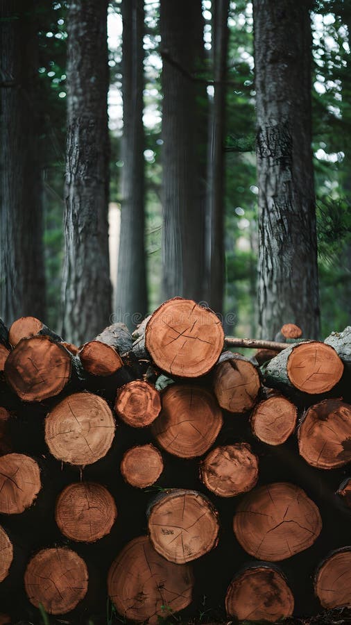 Tall Trees, Cut Logs, Soft Light Create Serene Forest Scene with ...