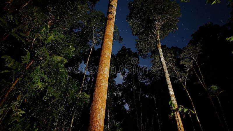 Tall Trees Stand Under a Starry Sky in a Dark Forest Stock Photo ...