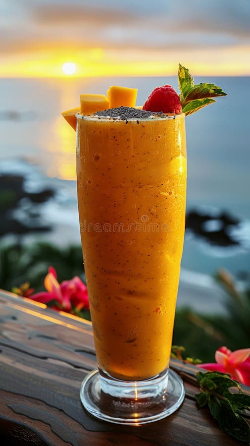 Tall Tropical Mango Smoothie with a Raspberry and Mint Garnish at ...