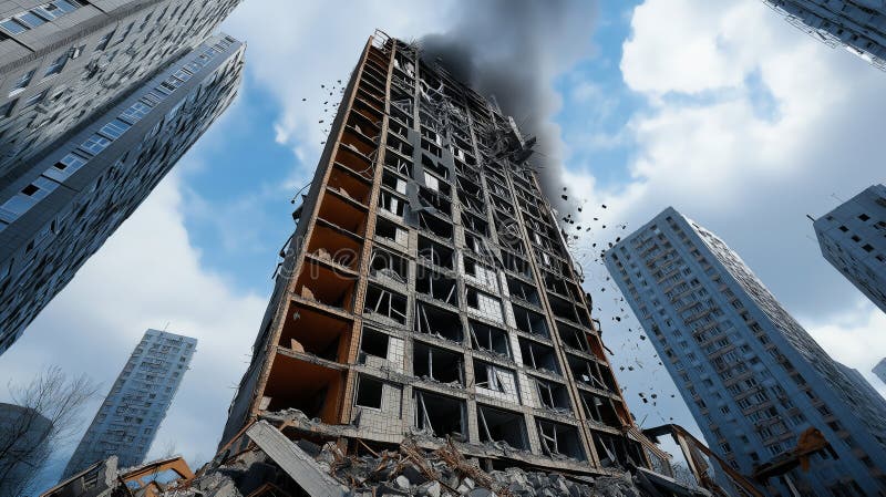 Tall Urban Building Destroyed by Fire with Smoke Against Blue Sky Stock ...