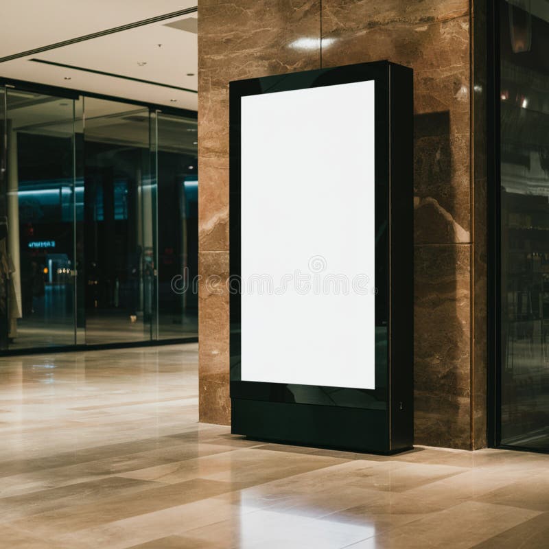Vertical Digital Display with Blank White Screen, Polished Marble Floor ...