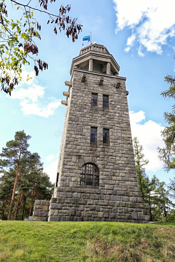 Tall Walled Outlook Tower with Blue Flag Stock Image - Image of ...