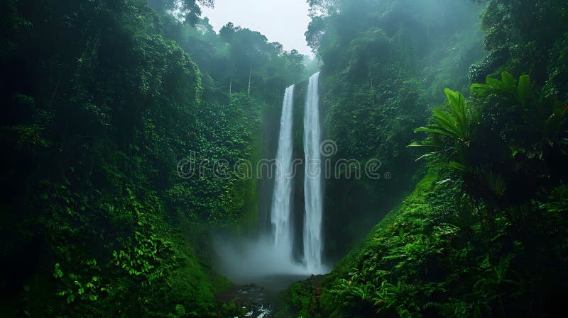 Tall Waterfall Cascades Down a Lush Green Cliff Face, Creating a Mist ...