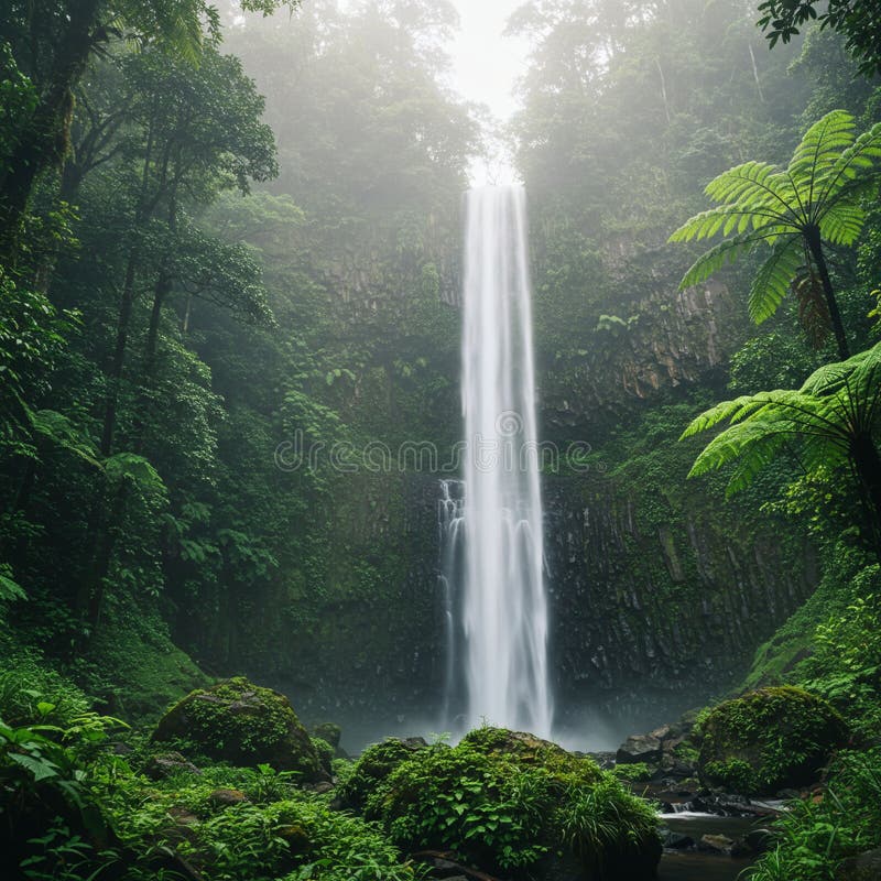 Tall Waterfall Cascading Down a Moss-covered Cliff Surrounded by Lush ...