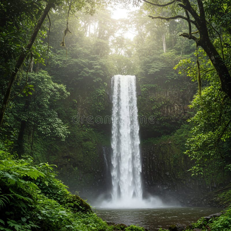 Tall Waterfall Cascading Down a Vertical Rock Face, Surrounded by Dense ...