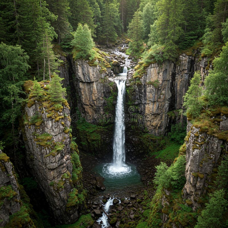 Tall Waterfall Cascading between Moss-covered Cliffs Surrounded by ...