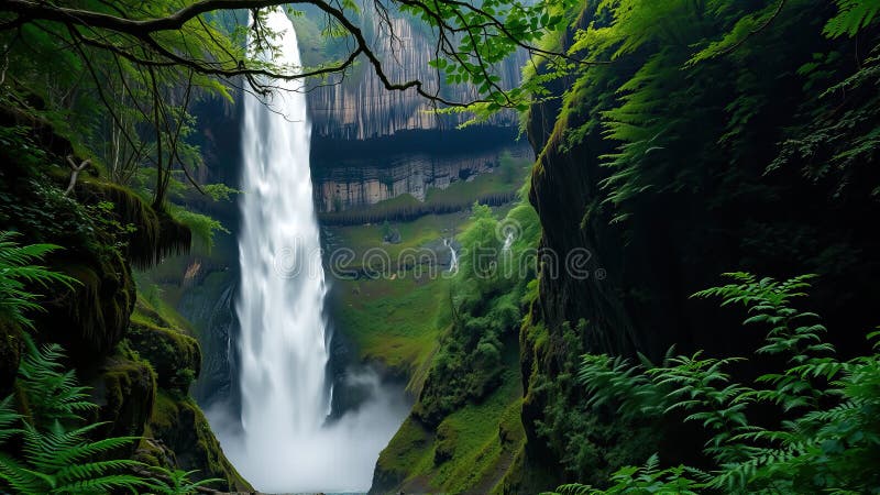 Tall Waterfall in a Verdant Gorge. AI Generation Stock Image - Image of ...