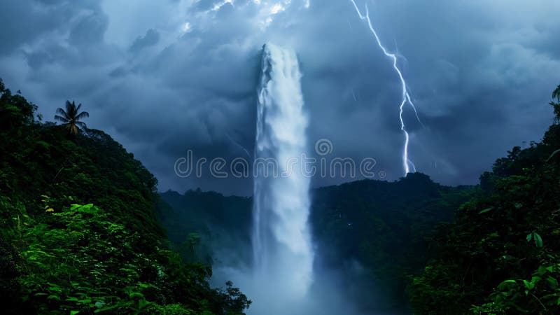 Tall Waterfall in the Rainforest at Dusk with Lightning Stock Footage ...