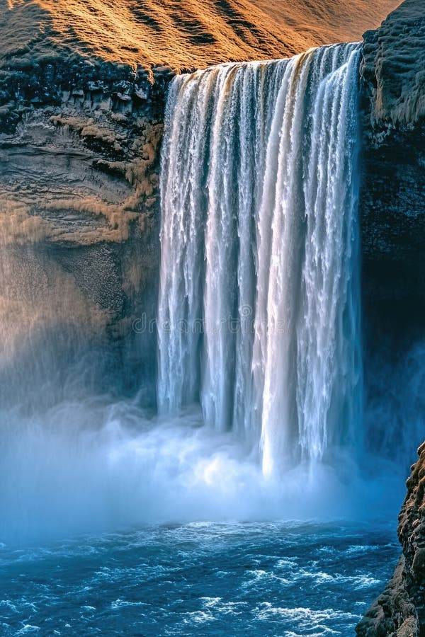 Tall Waterfall at Sunset stock image. Image of mountain - 359017177