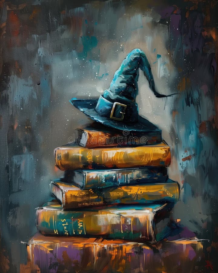 A Tall, Weathered Wizard Hat Perched Atop a Stack of Ancient, Leather ...
