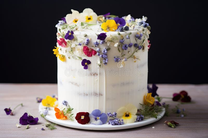 A Tall White Cake Adorned with Small, Delicate Edible Flowers Stock ...