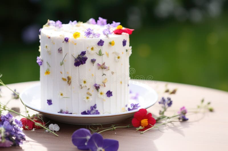 A Tall White Cake Adorned with Small, Delicate Edible Flowers Stock ...