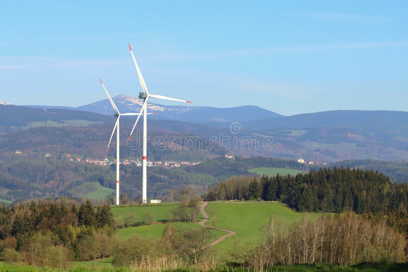Tall Wind Power Plants in Spring Landscape Stock Photo - Image of ...