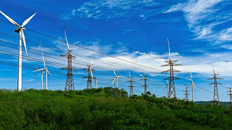Tall Wind Turbines Spin Gracefully in a Green Setting, Surrounded by ...