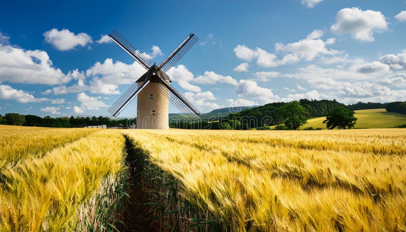 Tall Windmill Stands in a Wheat Field on a Bright and Sunny Day Stock ...
