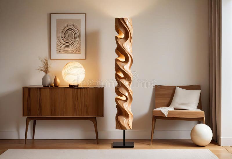 A Tall, Wooden Floor Lamp with an Abstract Stock Illustration ...
