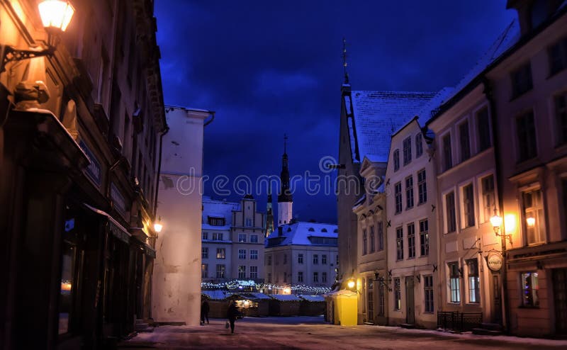 Tallinn at night in winter editorial image. Image of european - 48488485