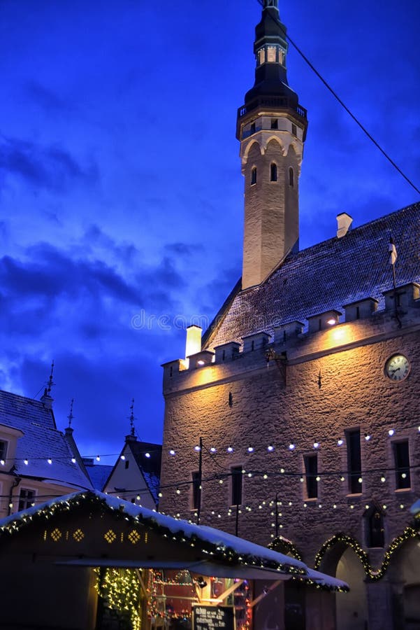 Tallinn at night in winter editorial photography. Image of bright ...