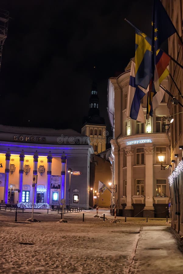 Tallinn at night in winter editorial stock image. Image of central ...