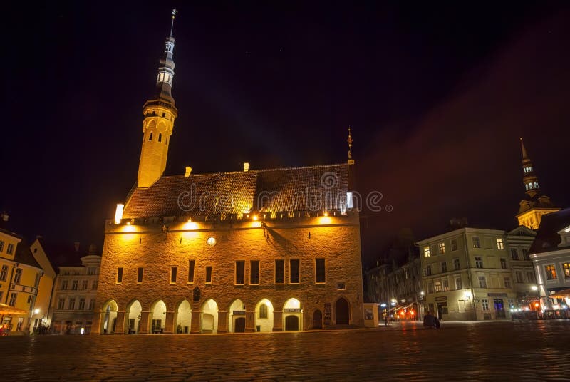Tallinn Town Hall at Night, Estonia Stock Photo - Image of exterior ...