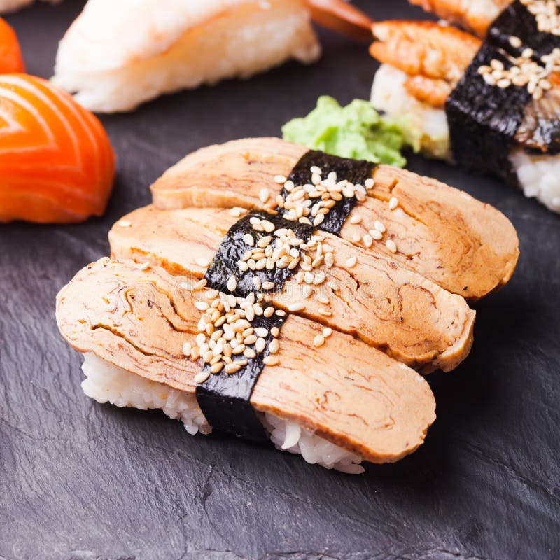 Tamago Sushi stock photo. Image of beautiful, leaf, plates - 17455652