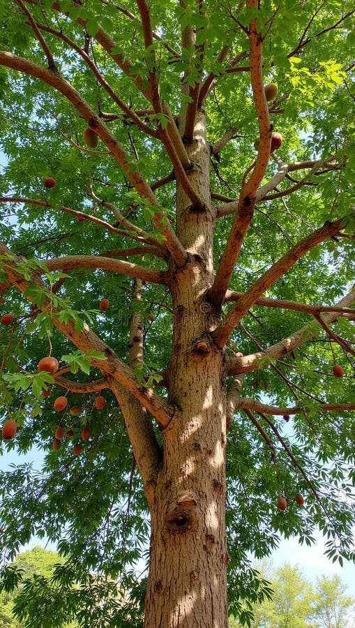 Tamarind Tree with Textured Trunk Feathery Leaves and Pods Illuminated ...