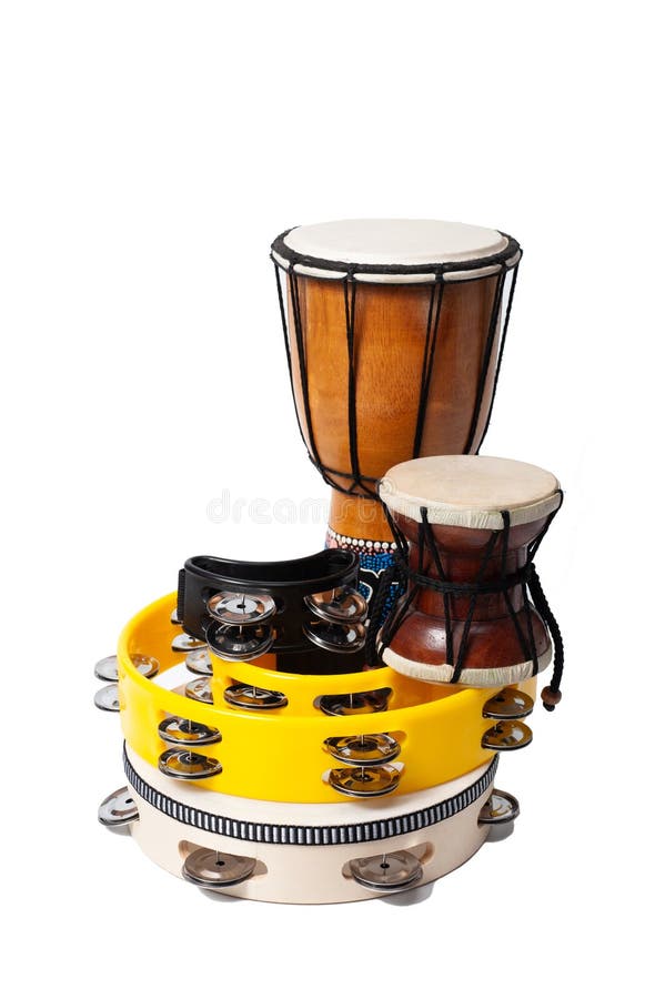 Tambourine and Other Percussion Musical Instruments, Shot on a White ...