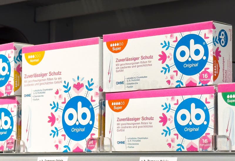 Tampon Boxes on Shelf Featuring Colorful Packaging and German Text ...