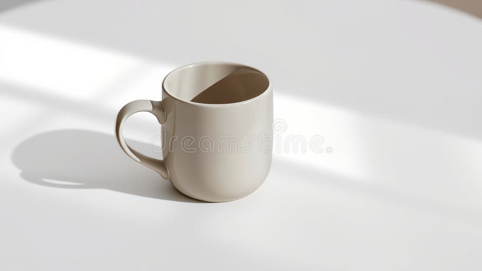 A Tan Ceramic Mug Sits on a Smooth White Surface. the Mug Has a Simple ...