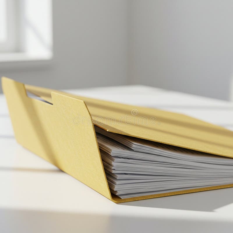A Tan, Expandable File Folder Filled with a Thick Stack of White Papers ...