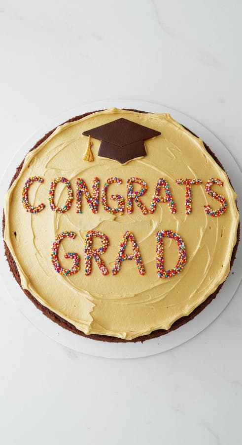 Tan Frosted Chocolate Cake with Sprinkles and Graduation Cap Decoration ...