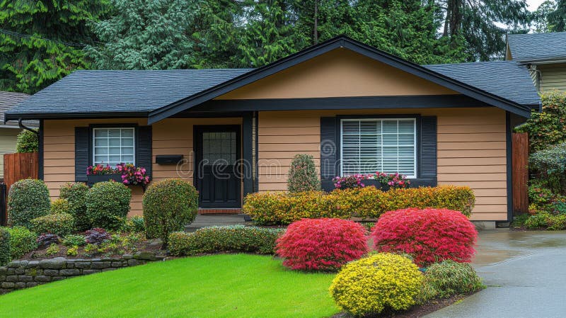 Tan House with Black Trim and Lush Landscaping Stock Image - Image of ...