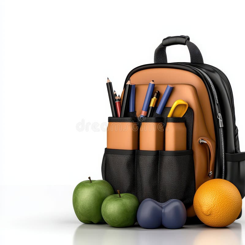 Tan Leather Backpack with School Supplies and Fruit on White Background ...