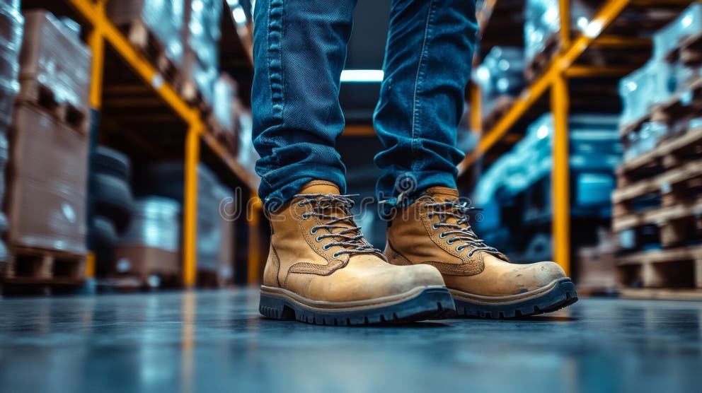 Tan Leather Work Boots and Blue Jeans in Warehouse Stock Illustration ...
