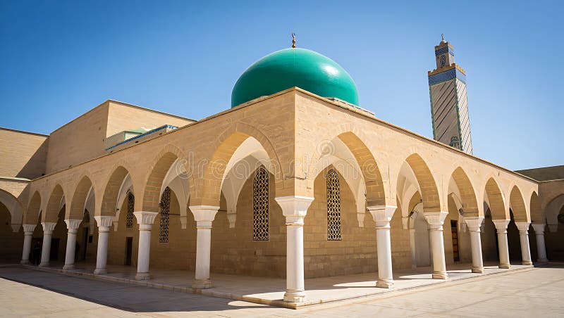 Tan Mosque Courtyard Green Dome White Columns Tan Building Stock ...