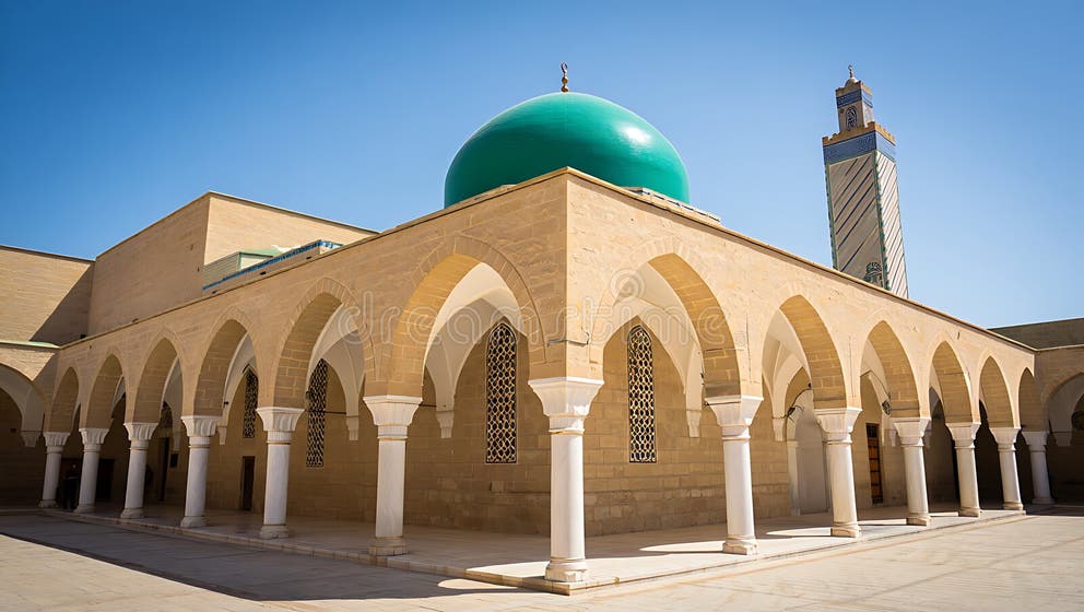 Tan Mosque Courtyard Green Dome White Columns Tan Building Stock ...