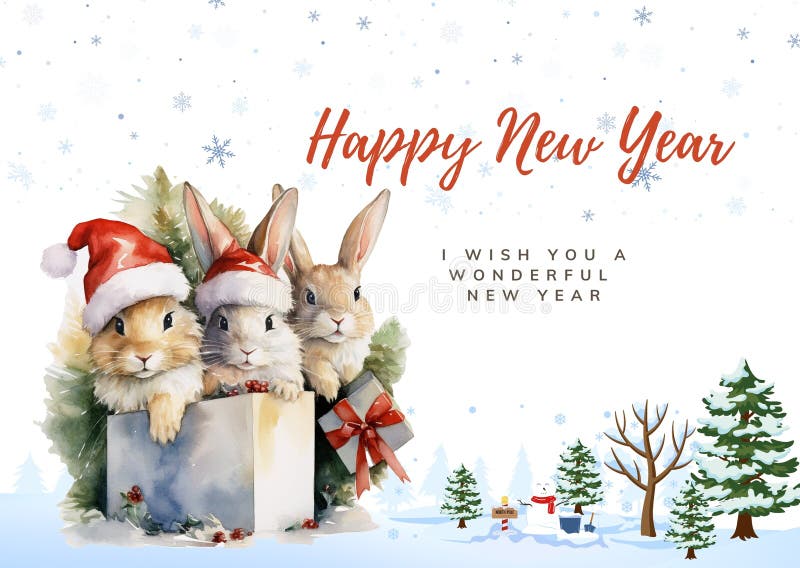 New Year Card with Three Rabbits in a Santa Claus Hat Stock ...