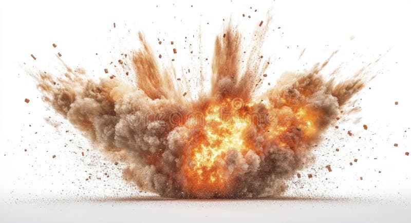 Powerful Tan and Orange Explosion with Debris on White Background Stock ...
