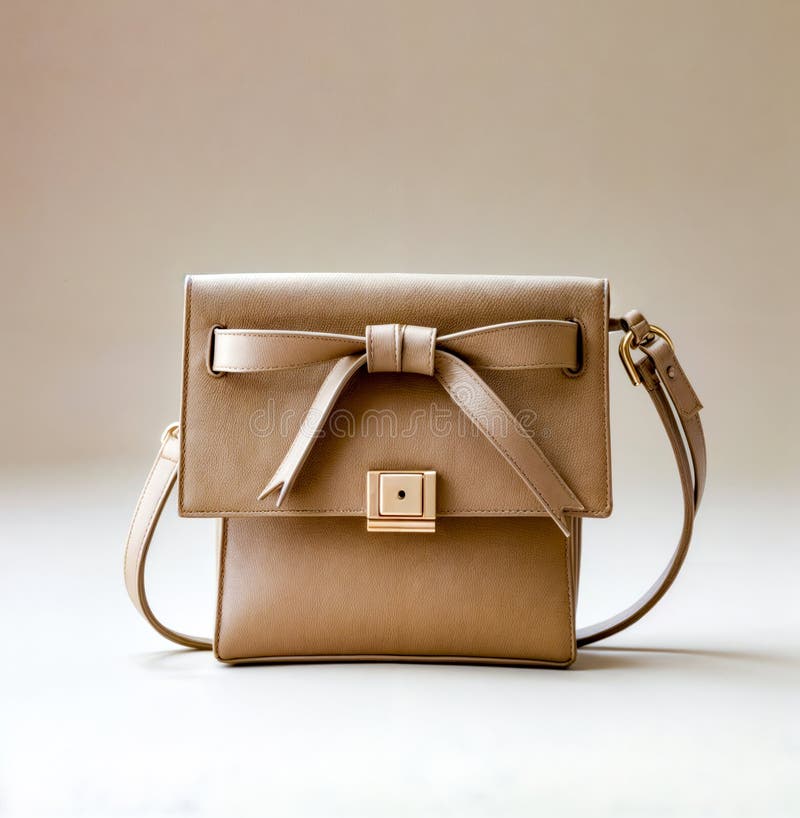Tan Purse with Bow on the Front of it and Strap on the Back of the Bag ...